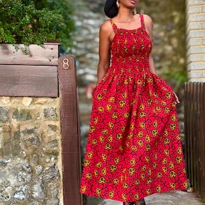 Ladi Smocked Midaxi Dress With Skinny Strap in Red. - Etsy