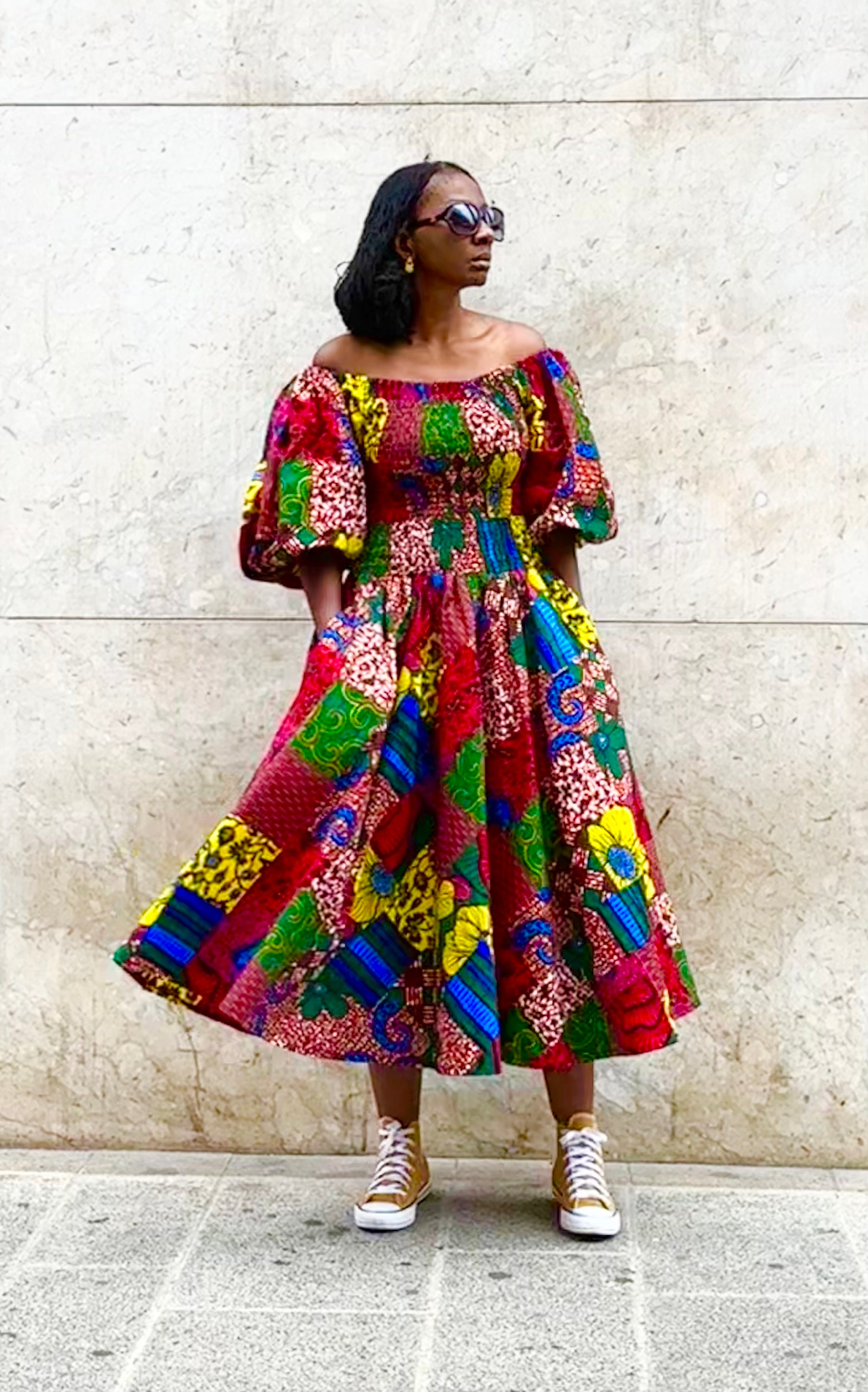 FAHRA Smocked Patchwork Dress With Statement Sleeves in Multiple ...