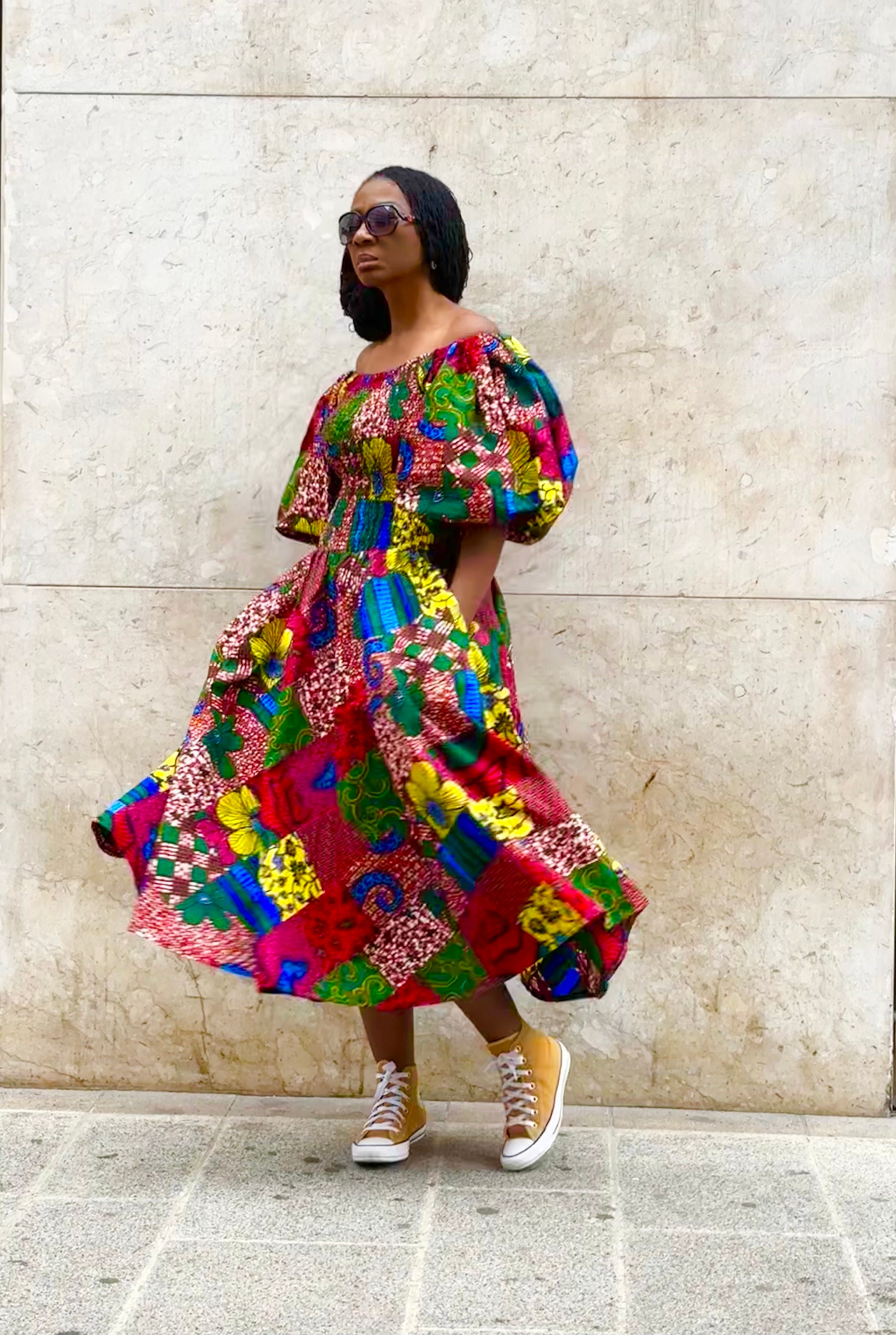 FAHRA Smocked Patchwork Dress With Statement Sleeves in Multiple ...