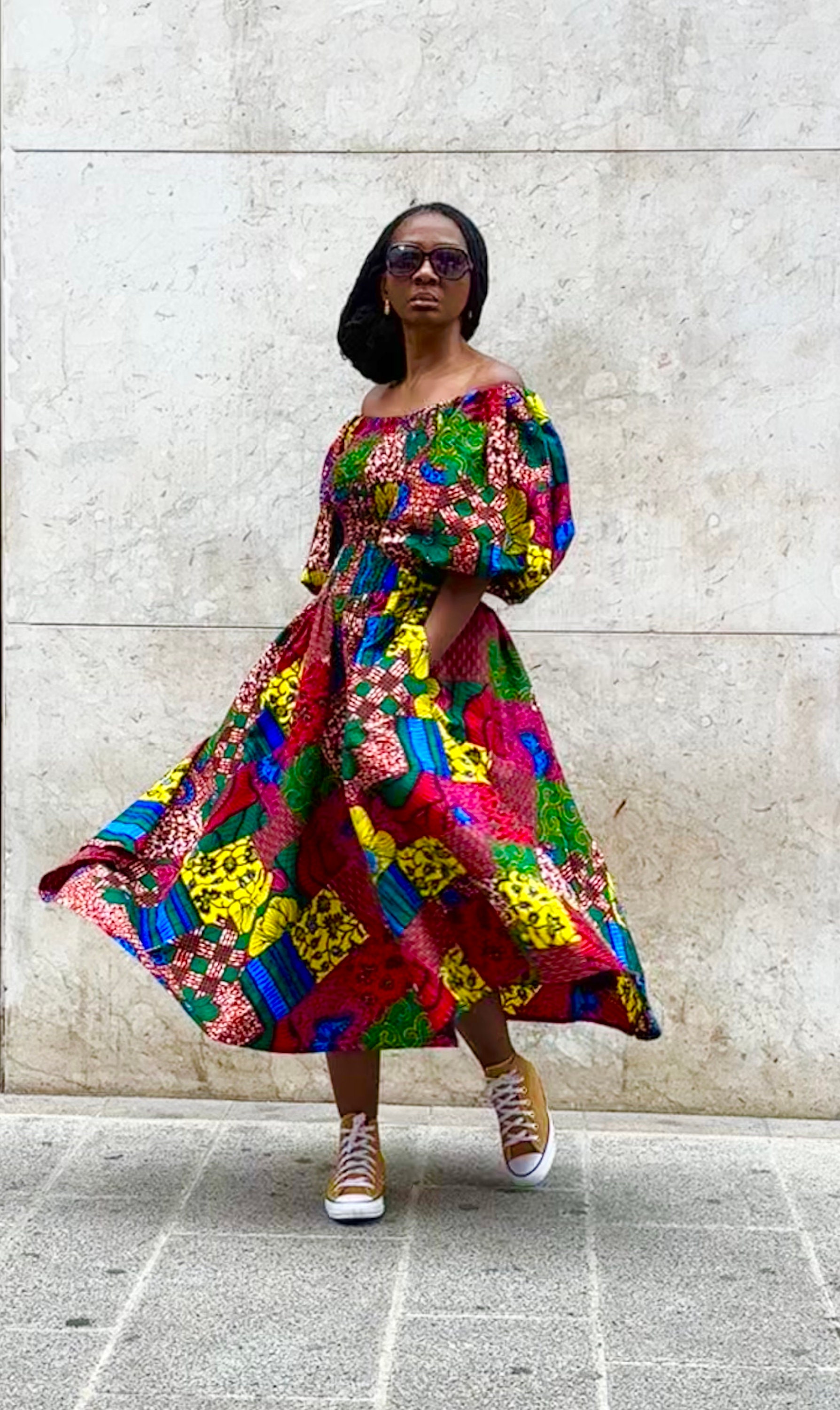 FAHRA Smocked Patchwork Dress With Statement Sleeves in Multiple ...