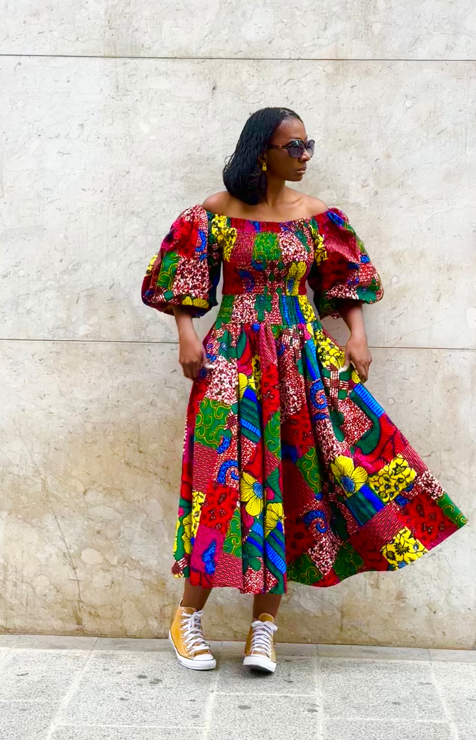 FAHRA Smocked Patchwork Dress With Statement Sleeves in Multiple ...
