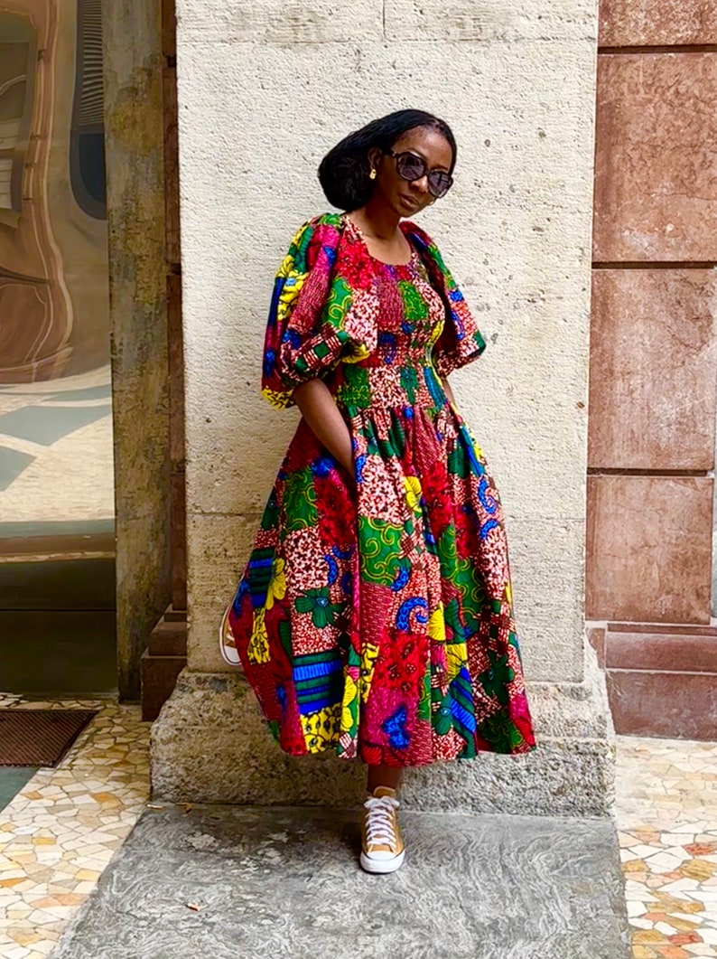 FAHRA Smocked Patchwork Dress With Statement Sleeves in Multiple ...