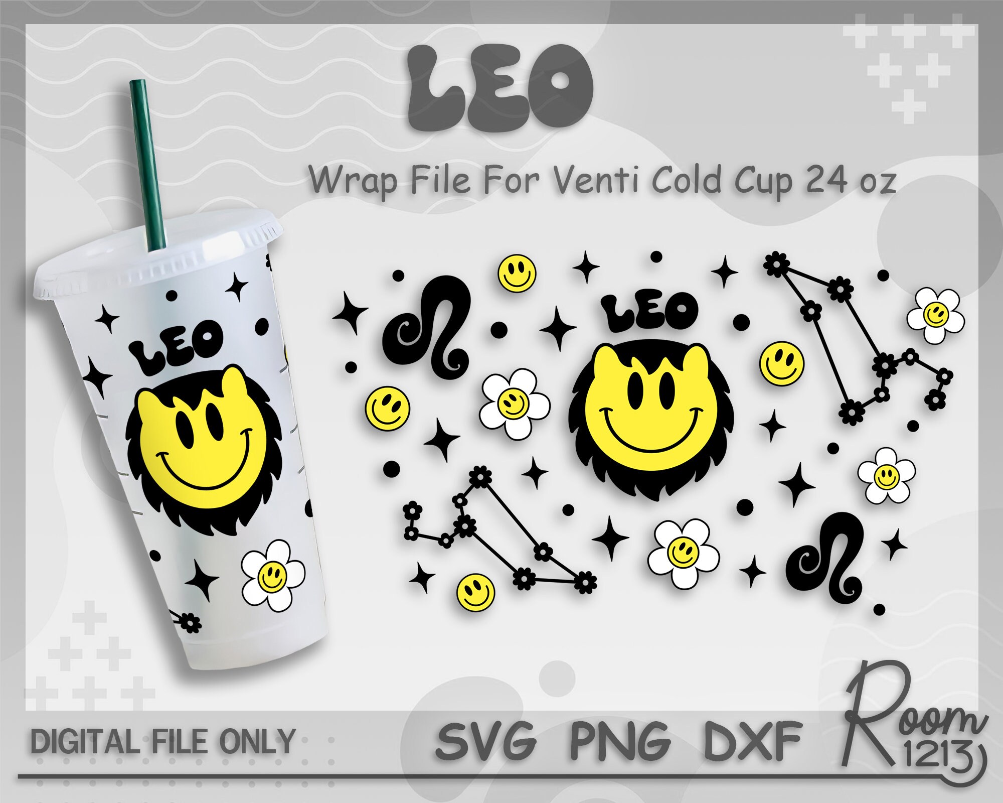 Leo Smiley Face Zodiac Sign Wrap Svg, Retro Astrology Tumbler Wrap File ...