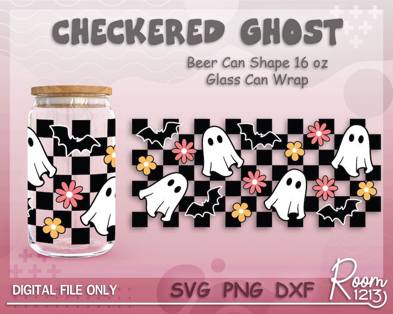 Checkered Ghost Wrap Svg, Halloween Coffee Can Glass Wrap File, Cute ...