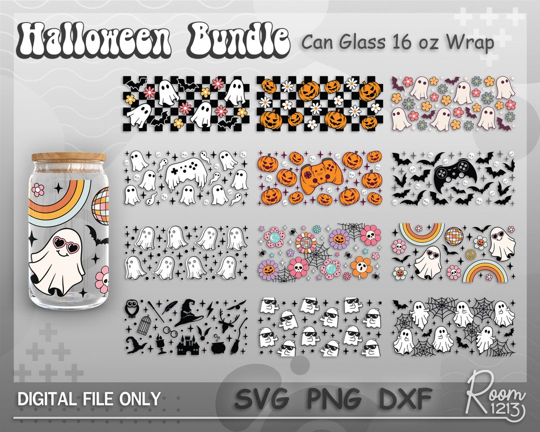 Halloween Can Glass Bundle Svg, Retro Groovy Halloween Wrap Files Svg ...
