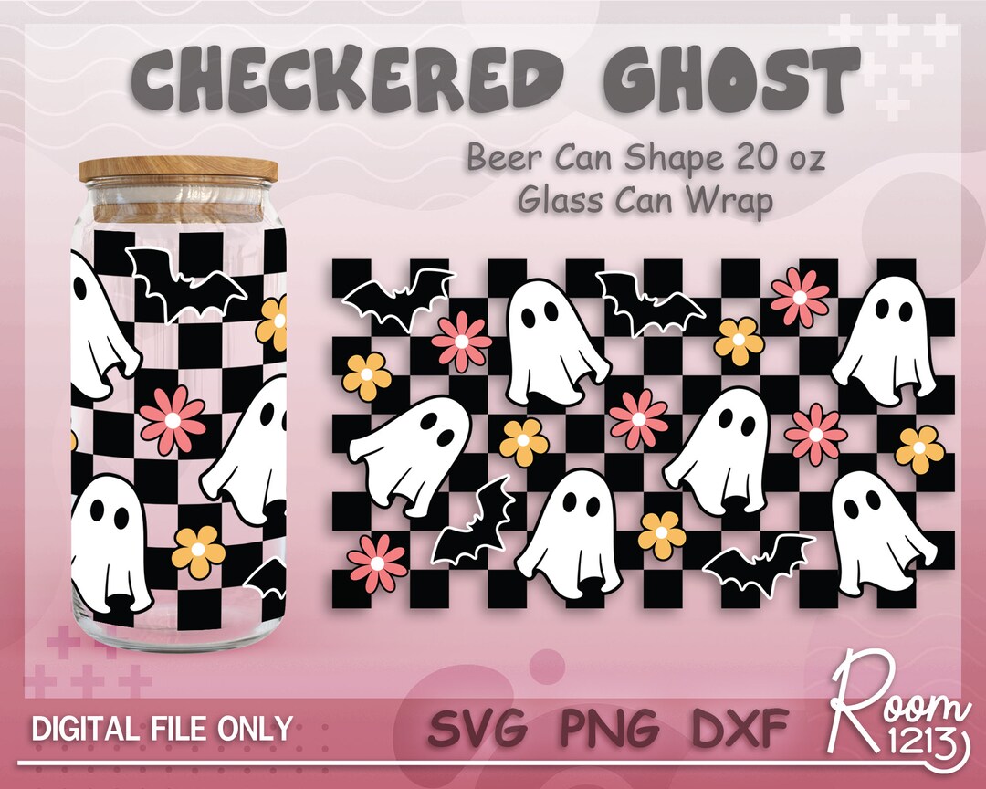 Checkered Ghost Wrap Svg, Halloween Coffee Can Glass Wrap File, Cute ...