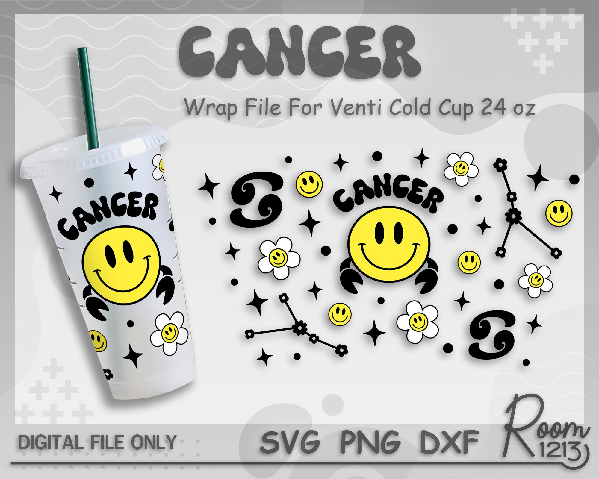Cancer Smiley Face Zodiac Sign Wrap Svg, Retro Astrology Tumbler Wrap ...