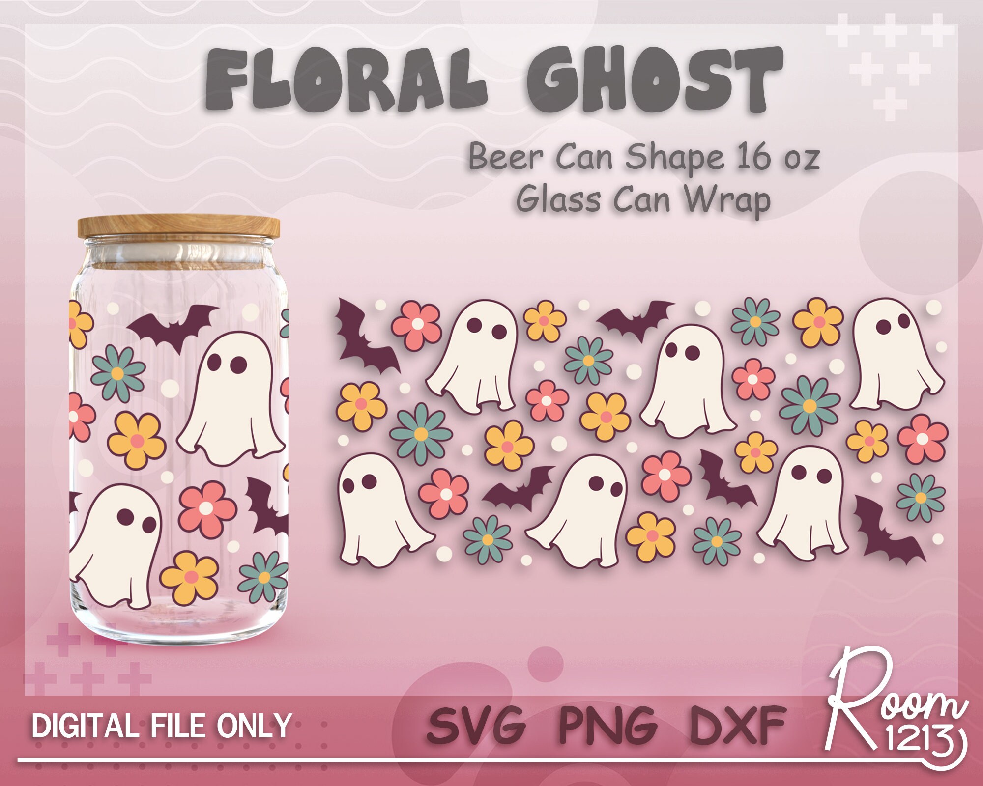 Floral Ghost Svg, Halloween Can Glass Wrap File, Cute Flower Ghost ...