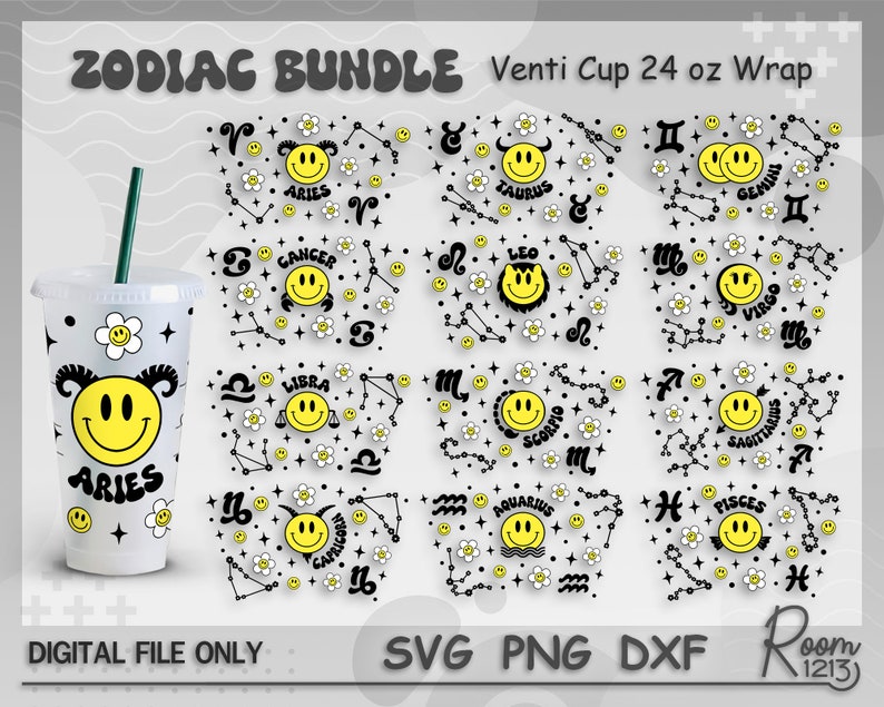 Smiley Face Zodiac Sign Wrap Bundle Svg, Retro Astrology Tumbler Wrap ...