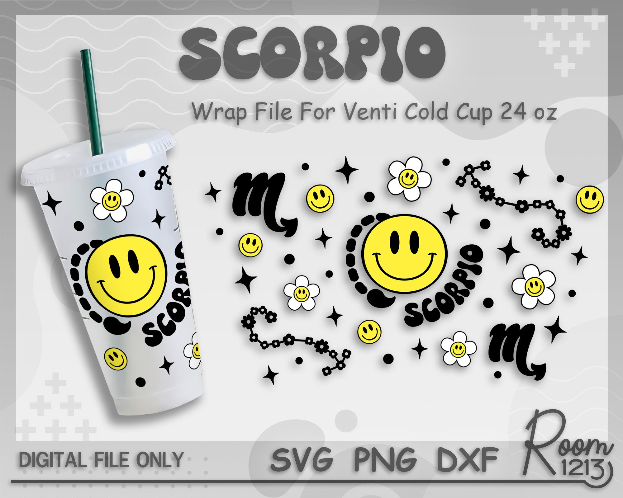 Scorpio Smiley Face Zodiac Sign Wrap Svg, Retro Astrology Tumbler Wrap ...