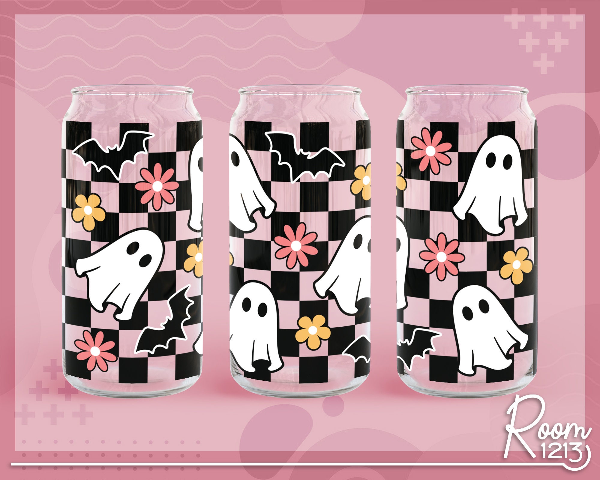 Checkered Ghost Wrap Svg, Halloween Coffee Can Glass Wrap File, Cute ...