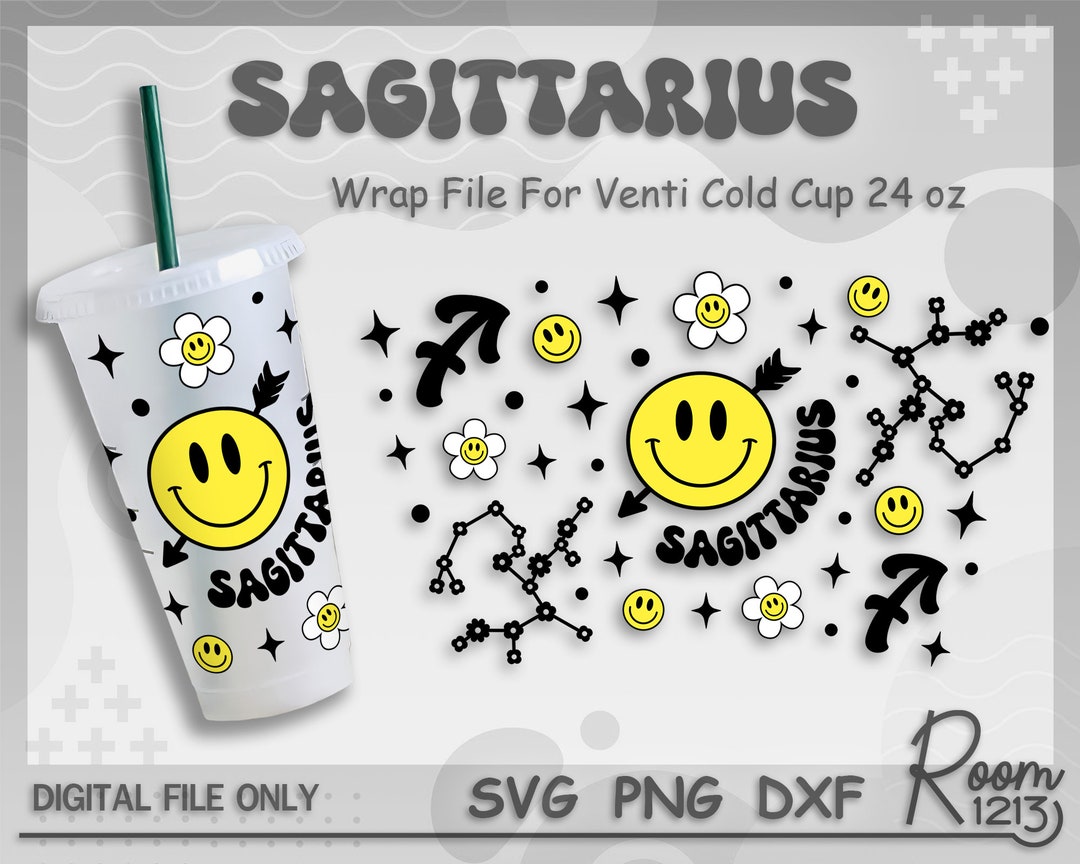 Sagittarius Smiley Face Zodiac Sign Wrap Svg, Retro Astrology Tumbler ...