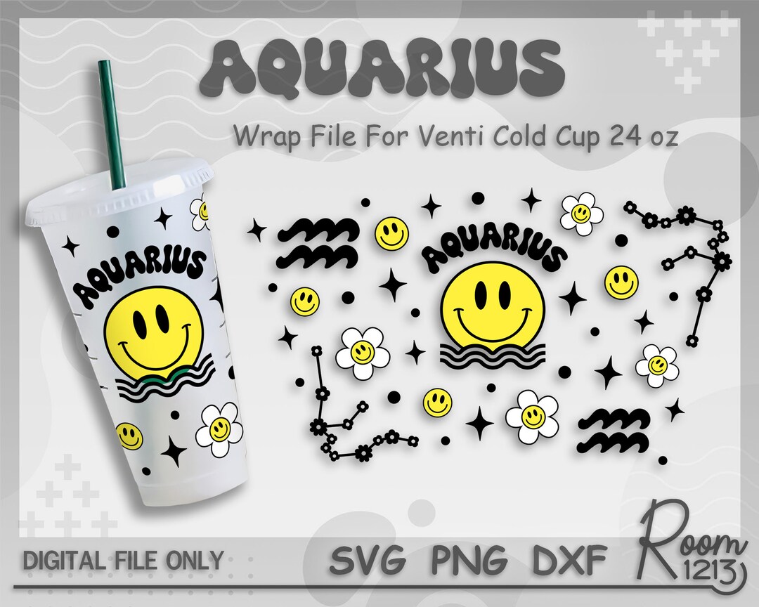 Aquarius Smiley Face Zodiac Sign Wrap Svg, Retro Astrology Tumbler Wrap ...