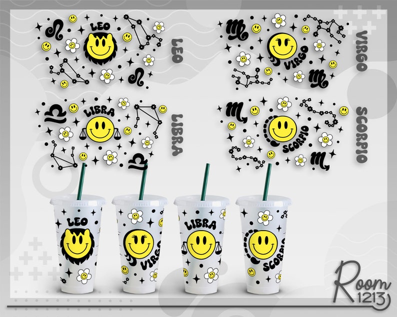 Smiley Face Zodiac Sign Wrap Bundle Svg, Retro Astrology Tumbler Wrap ...