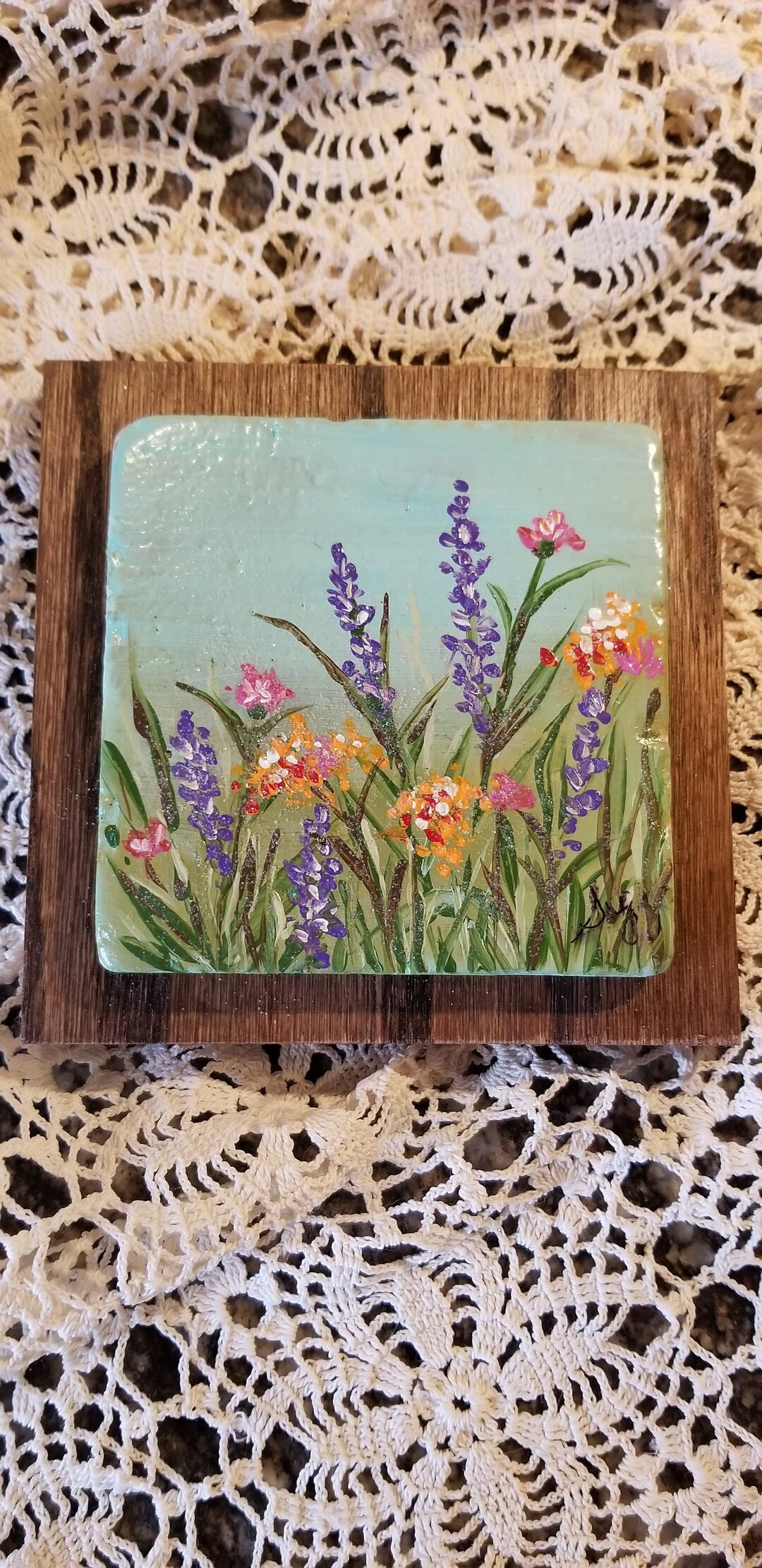 Hand Painted Ceramic Coaster With a Red Oak Backing - Etsy