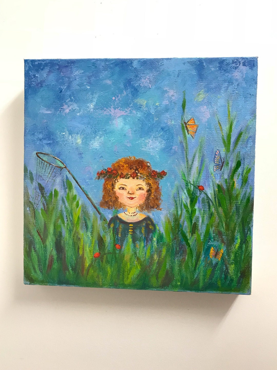 Oil Painting Butterfly Girl Red Head Butterfly Net Diadem Cartoon Style ...