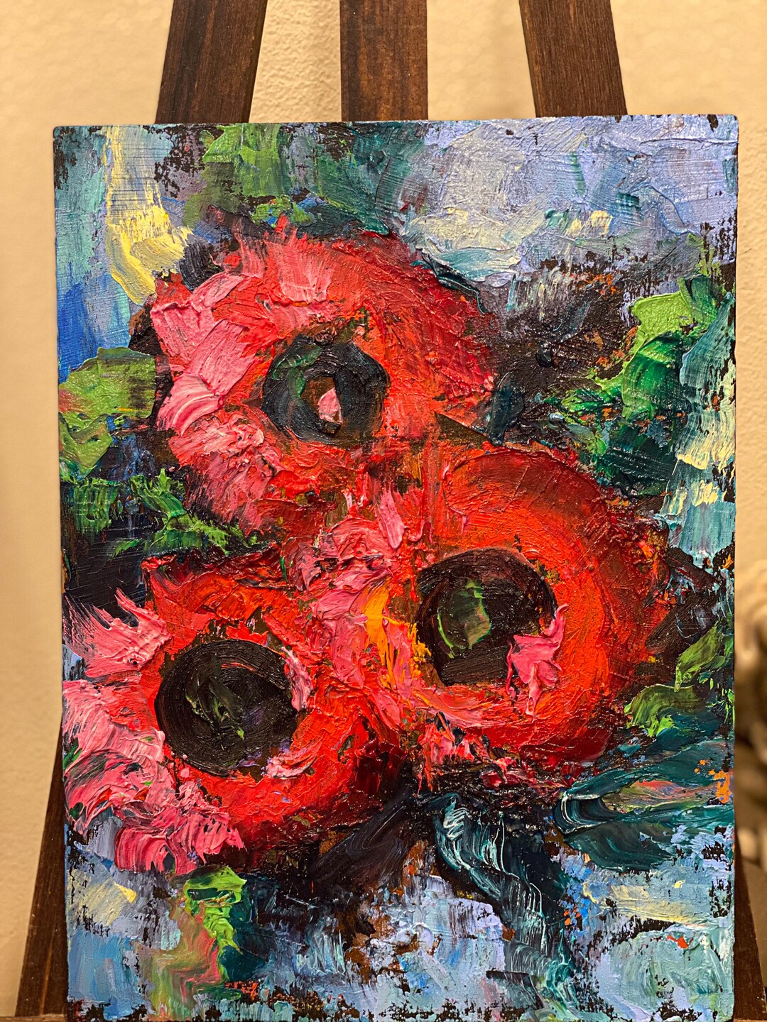 Abstract Impasto Red Flowers Red Peony Original Oil Painting Small ...