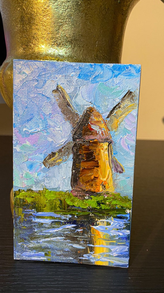 Windmill Oil Painting Original Oil Painting Art for Sale Handmade Gift Idea Contemporary Home Decor Abstract Art Small Painting 5x3 Etsy