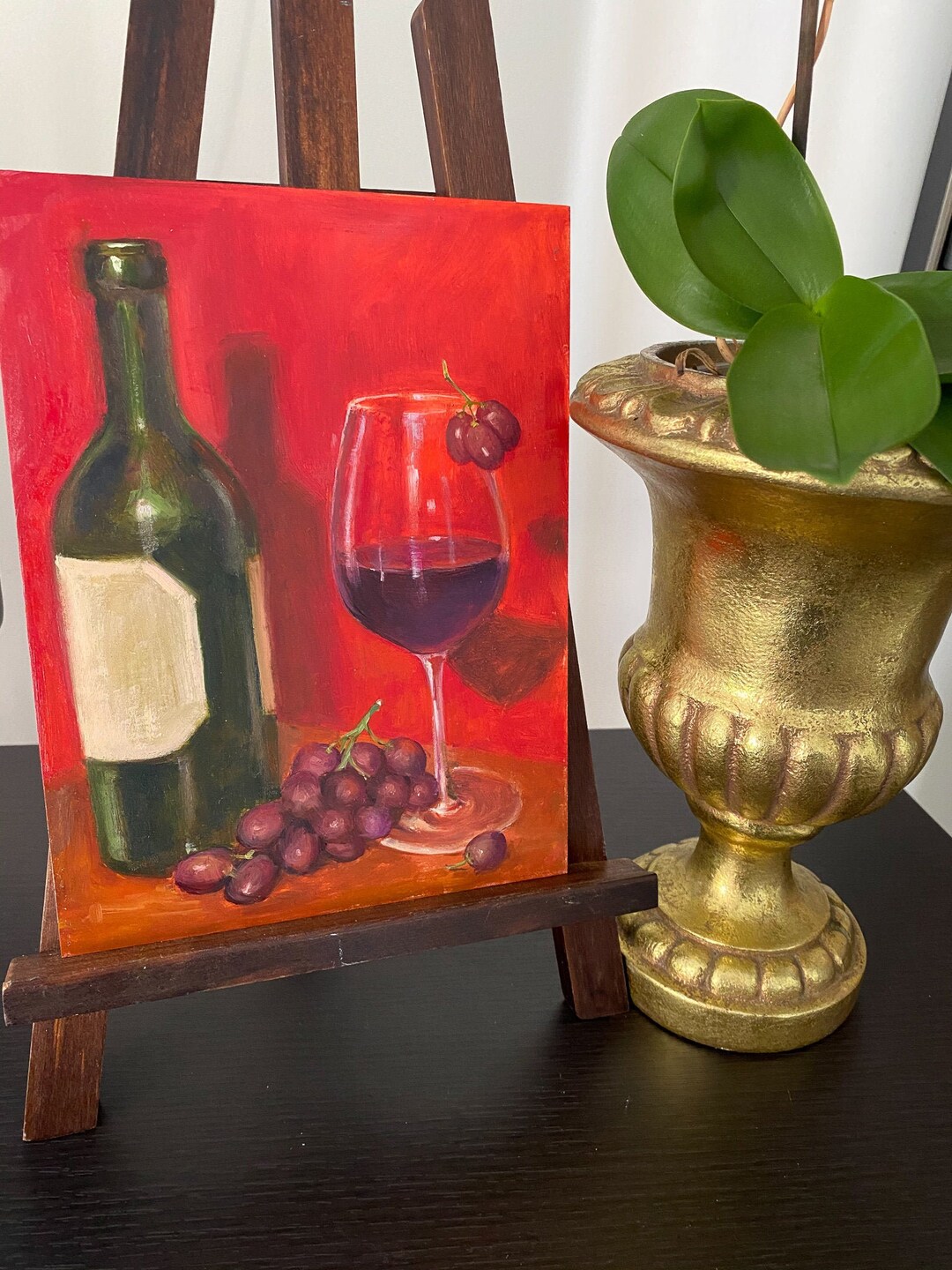 Pintura de copa de vino tinto, pintura al óleo original, decoración de ...
