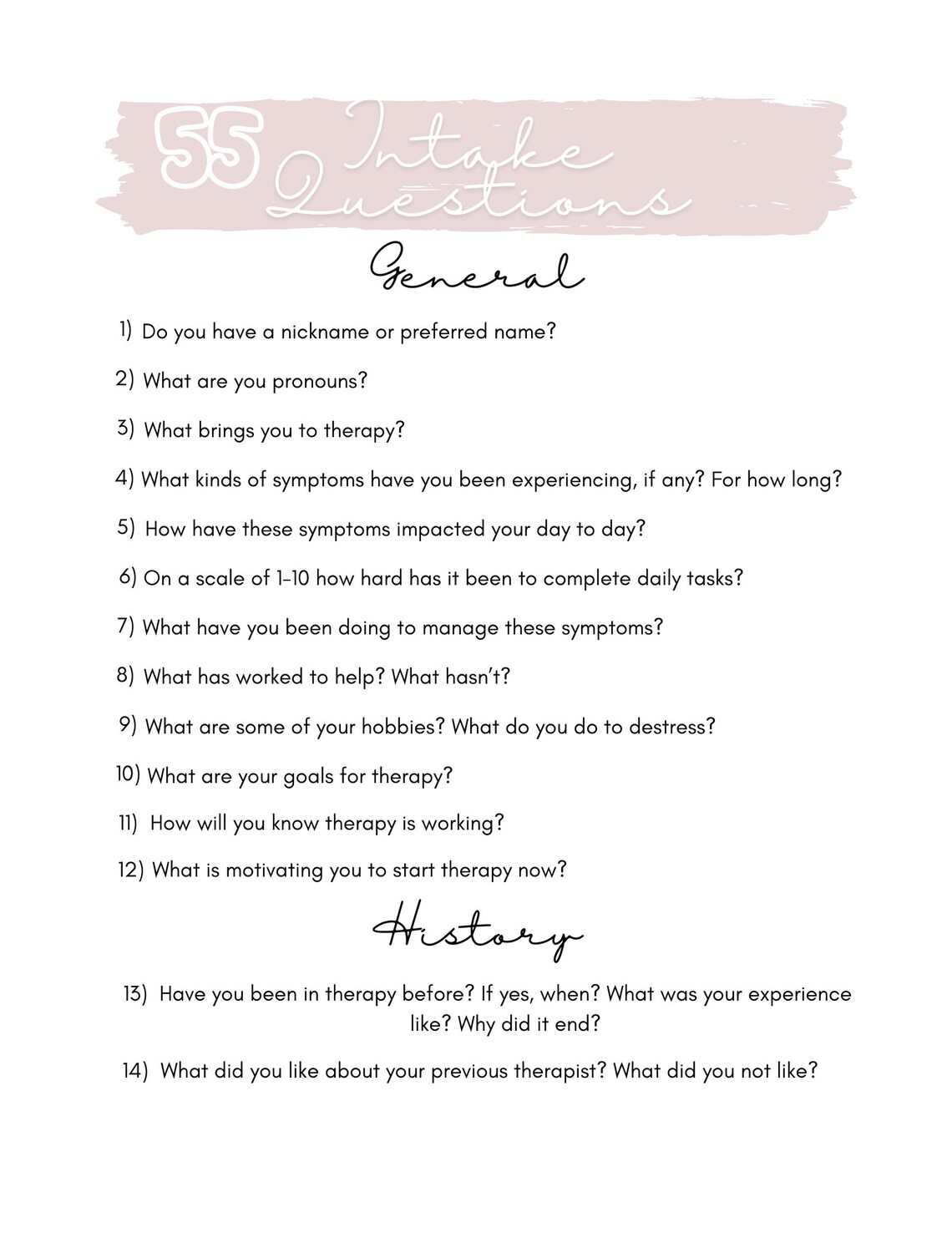 55 Therapy Intake Questions - Etsy