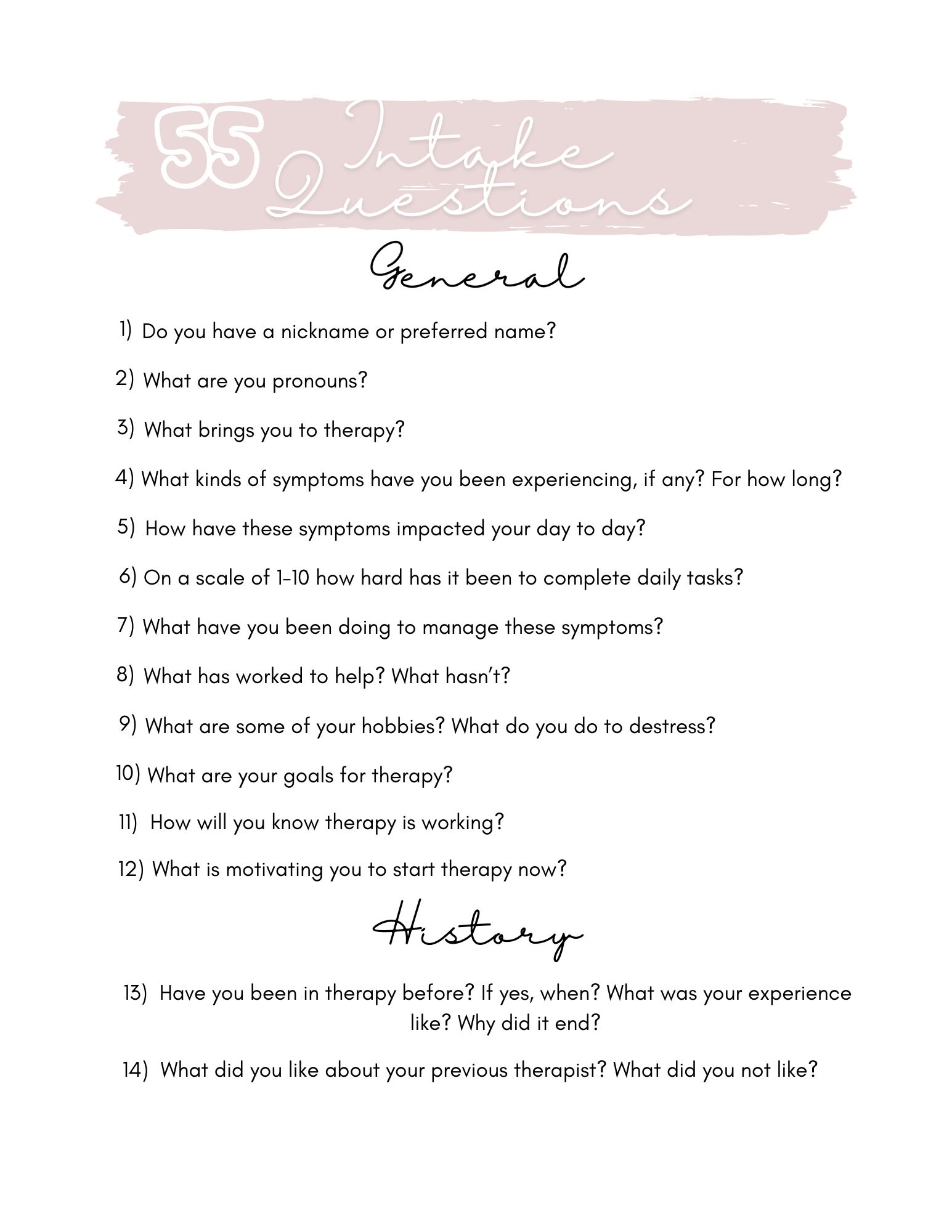 55 Therapy Intake Questions - Etsy