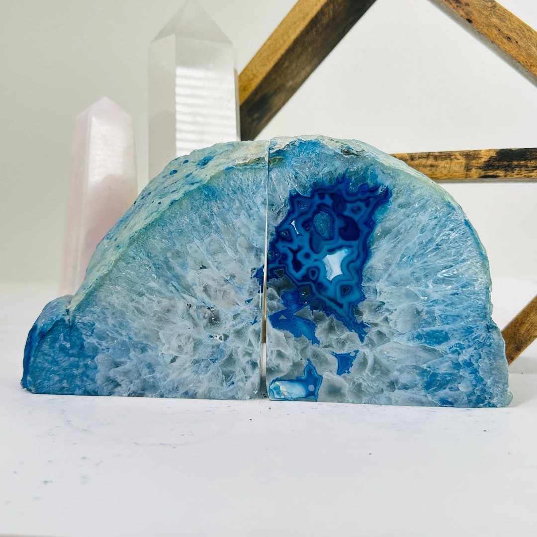 Blue Dyed Agate Bookends Crystal Geode Set - Etsy