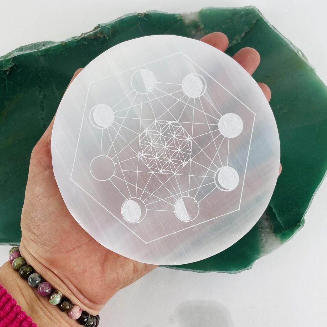 Selenite Crystal Etched Charging Plate - Engraved Moon Phase Design ...