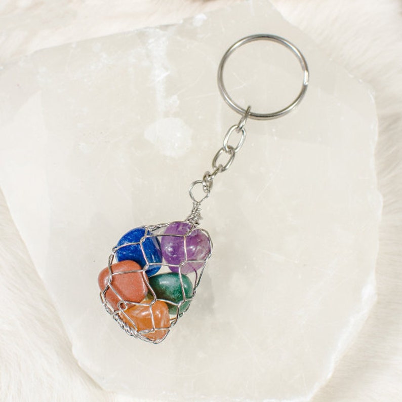 Seven Stone Chakra Tumbled Stone Keychain Gold and Silver | Etsy