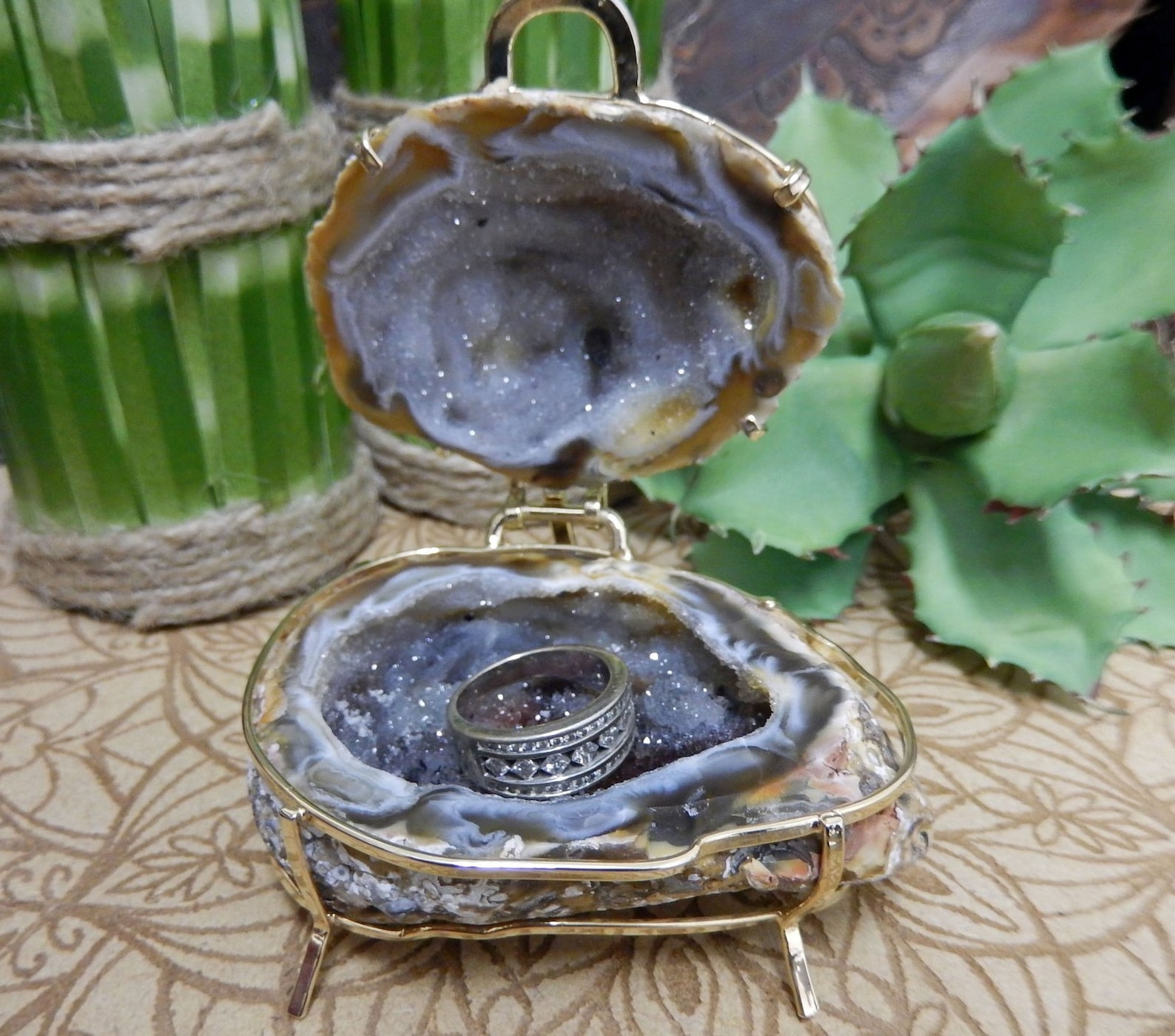 Natural Geode Jewelry Box - Druzy Boxes Geodes - Gold Frame - Unique ...