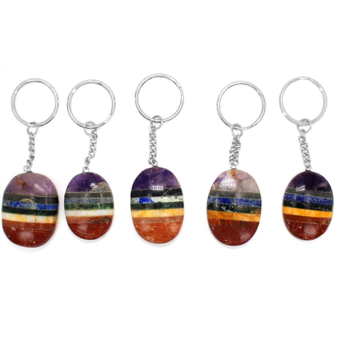 1 (one) Seven Stone Chakra Crystal Worry Stone Keychain - Silver Tone ...