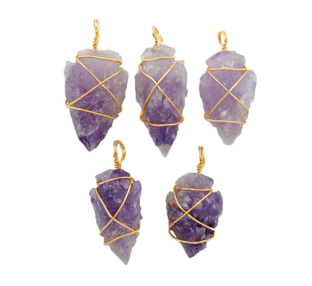 Amethyst Arrowhead Crystal Pendant Wire Wrapped Gold Tone Arrow Head ...