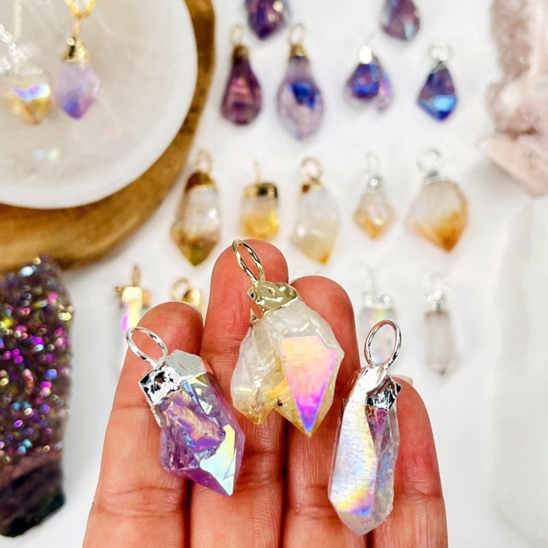 Angel Aura Crystal Point Pendants - Electroplated Silver or Gold Hoop ...