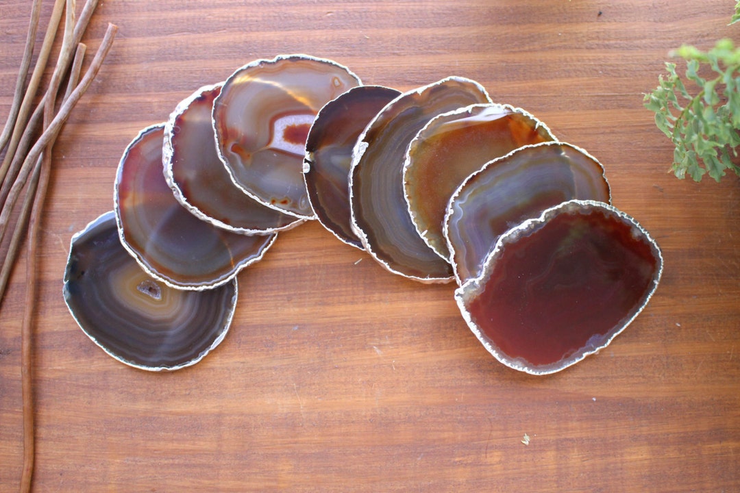 Tan Agate Slice Silver Electroplated Edges Agate Coasters Crystals and ...