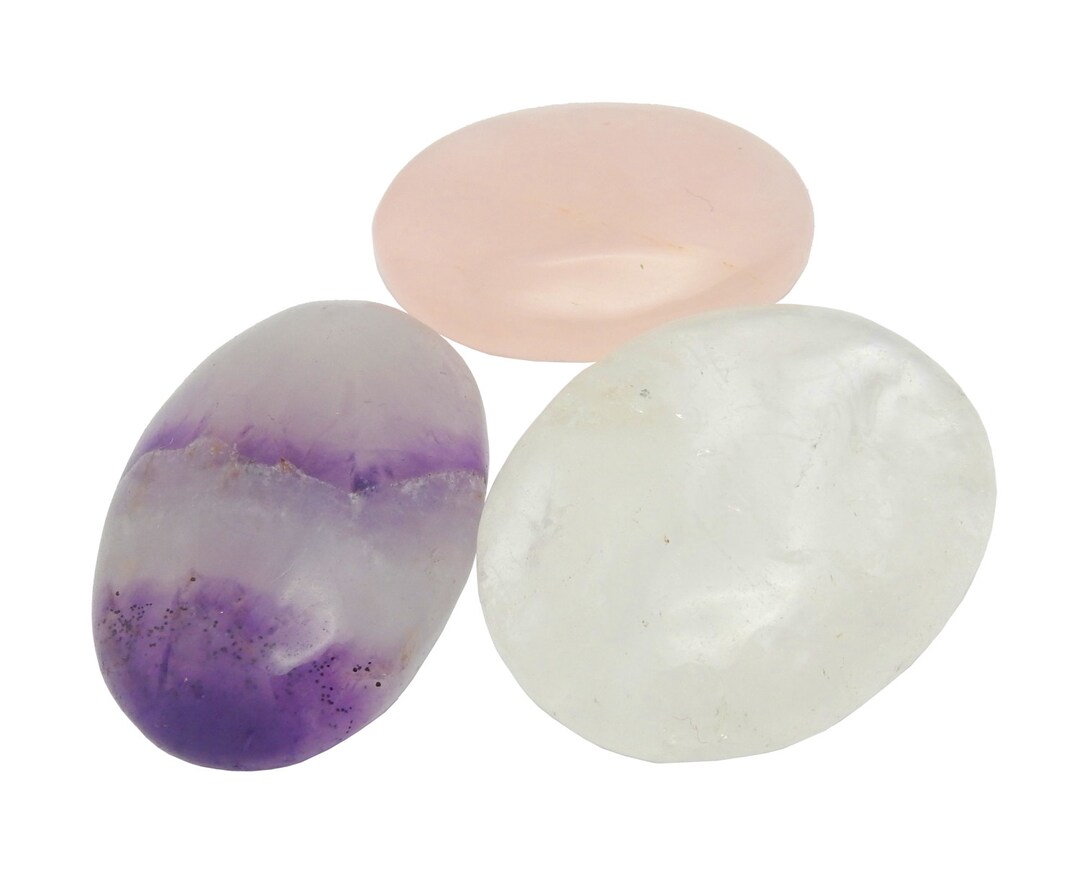 Set of 3 Worry Stone Amethyst Crystal Rose Quartz - Thumb Stone - Palm ...