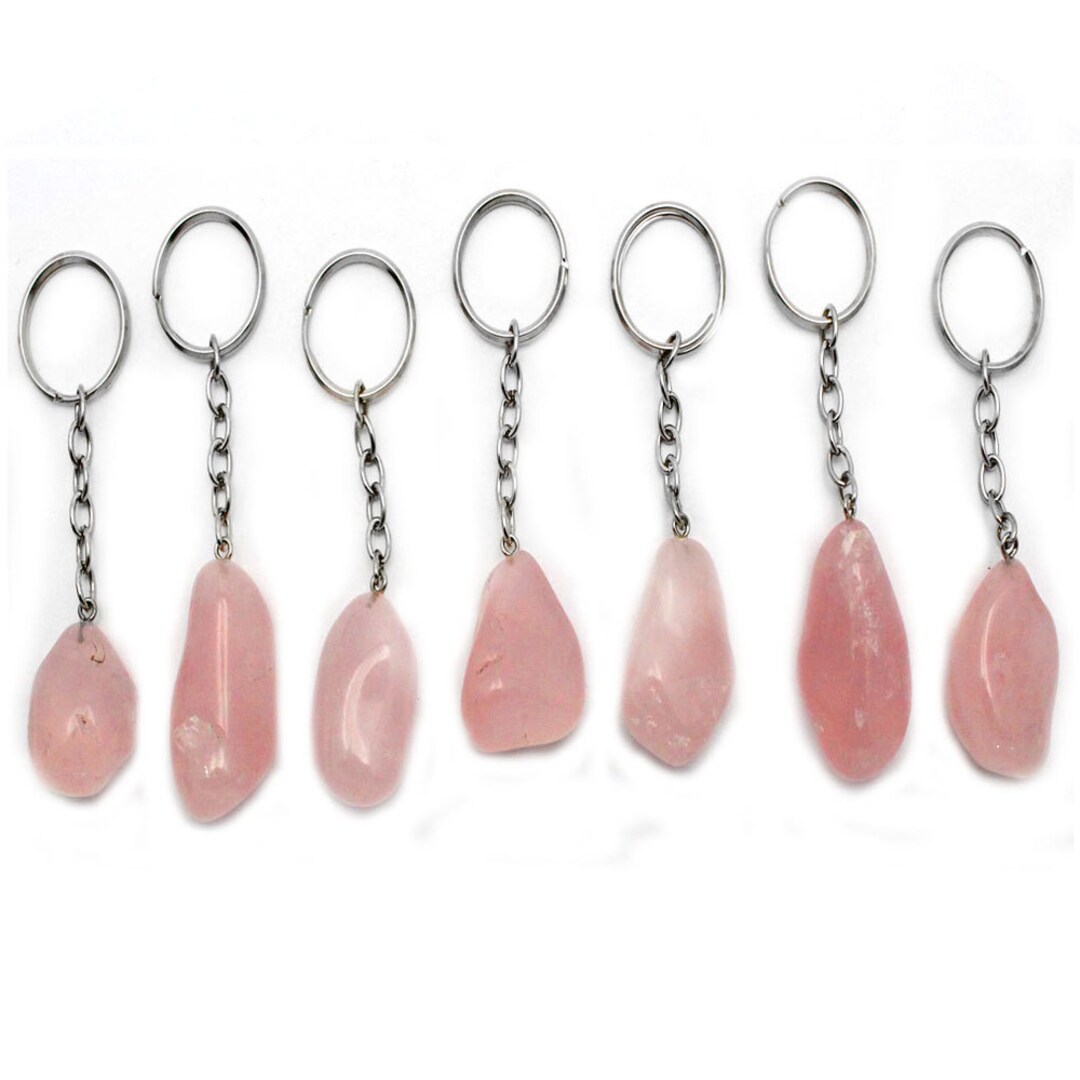 Tumbled Rose Quartz Silver Toned Key Chain Natural Crystal Rose Quartz ...