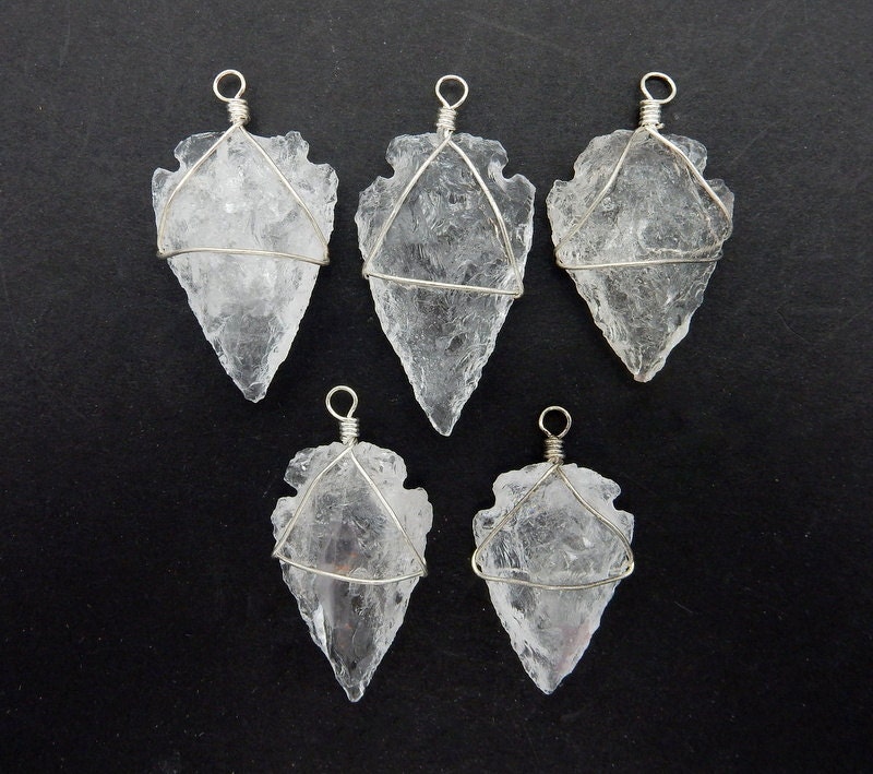 Crystal Quartz Arrowhead Pendant Wire Wrapped Silver Tone Arrow Head ...