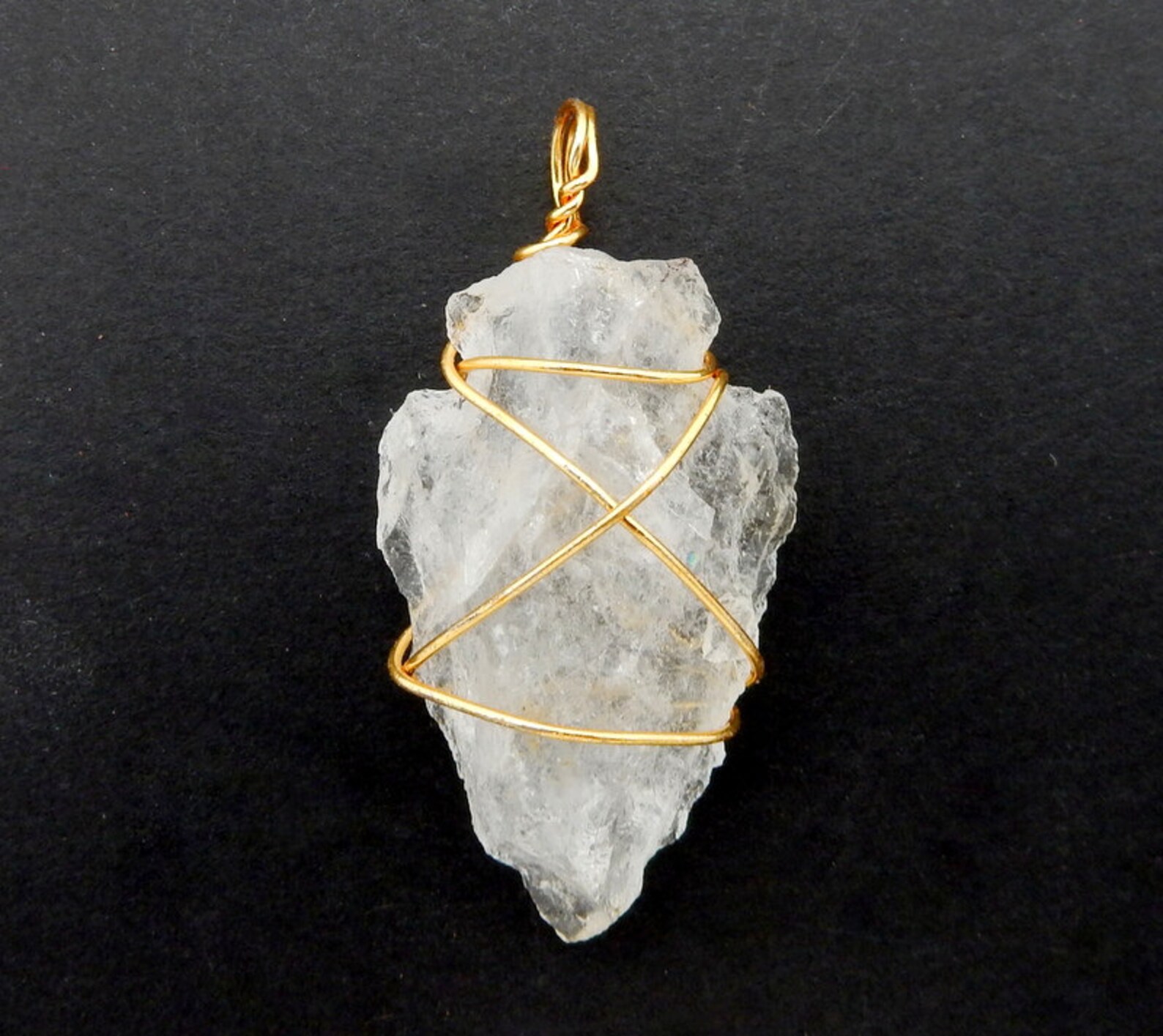 Crystal Quartz Arrowhead Pendant Wire Wrapped Gold Tone Arrow Head ...