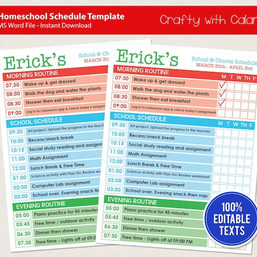 HOMESCHOOL Weekly Schedule Template Editable Home School | Etsy Canada
