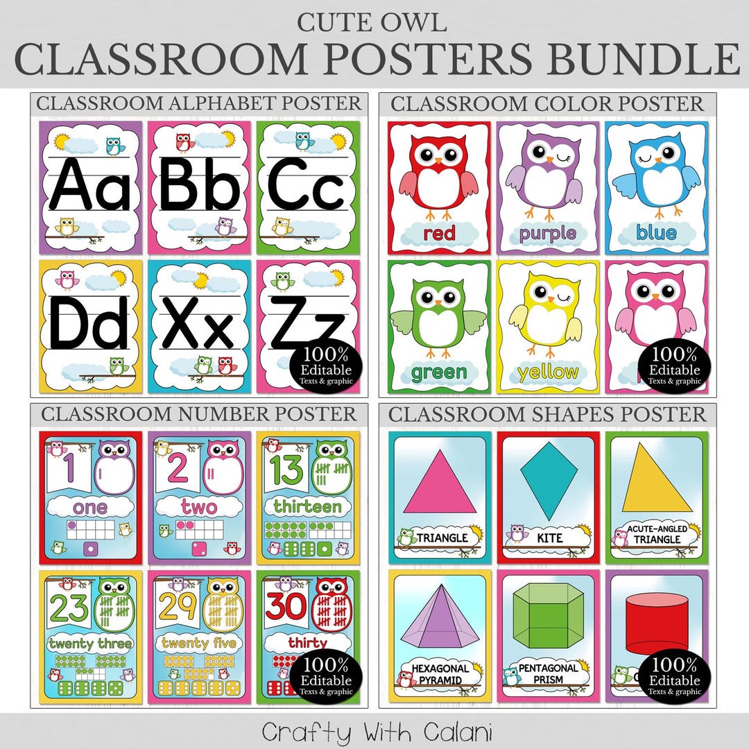Color Poster, Basic Shape Poster, Number Poster, Alphabet Poster, Owl ...