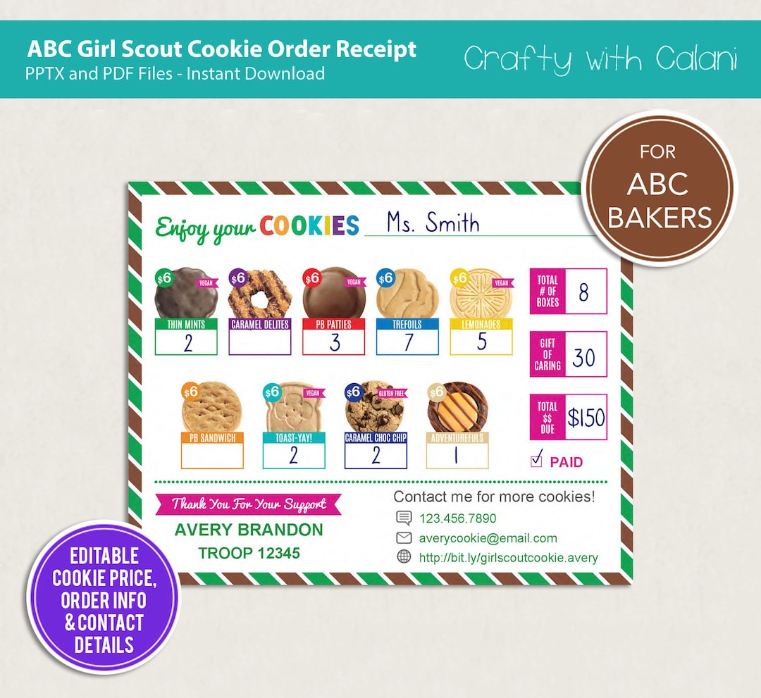 Girl Scout Cookie 2024 Receipt Template, ABC Cookie Order Recap, Scout ...