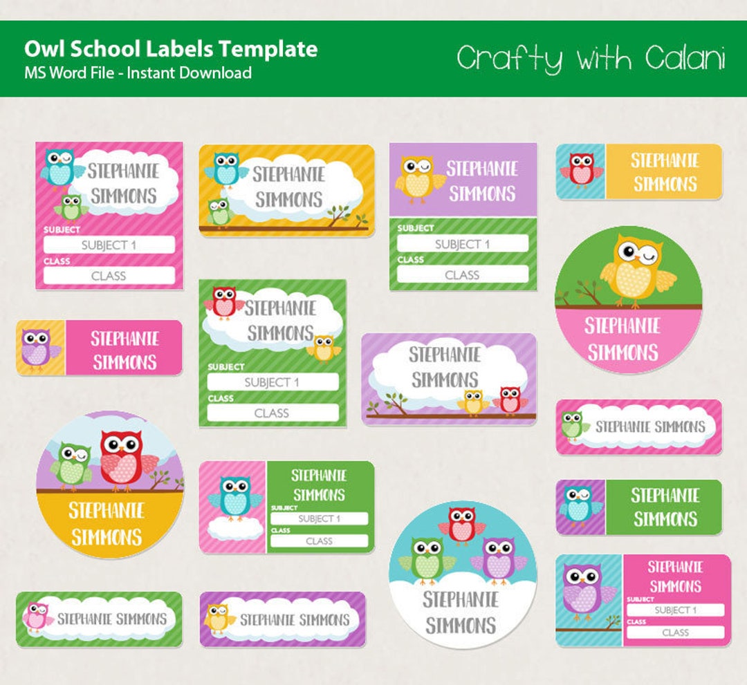 School Name Label, Owl School Label Template, Owl Name Label Printable ...