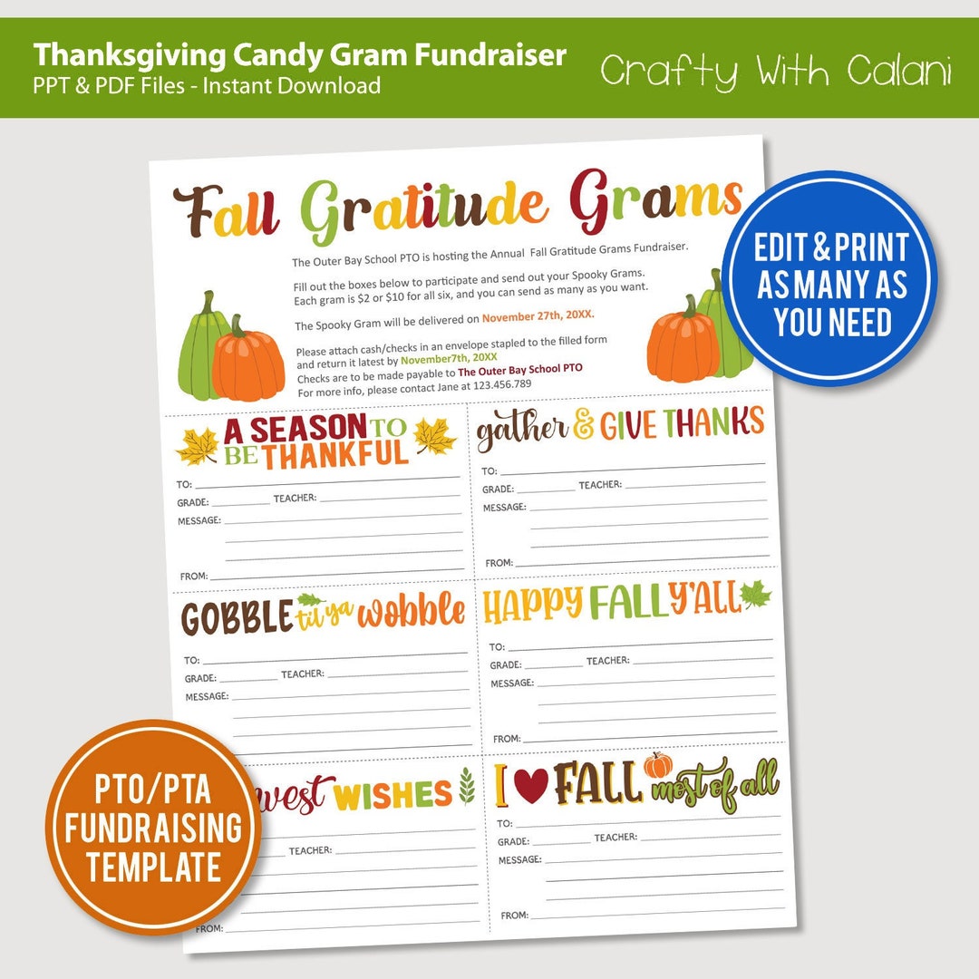 Thanksgiving Candy Gram Template Fall Gratitude Gram PTA PTO - Etsy