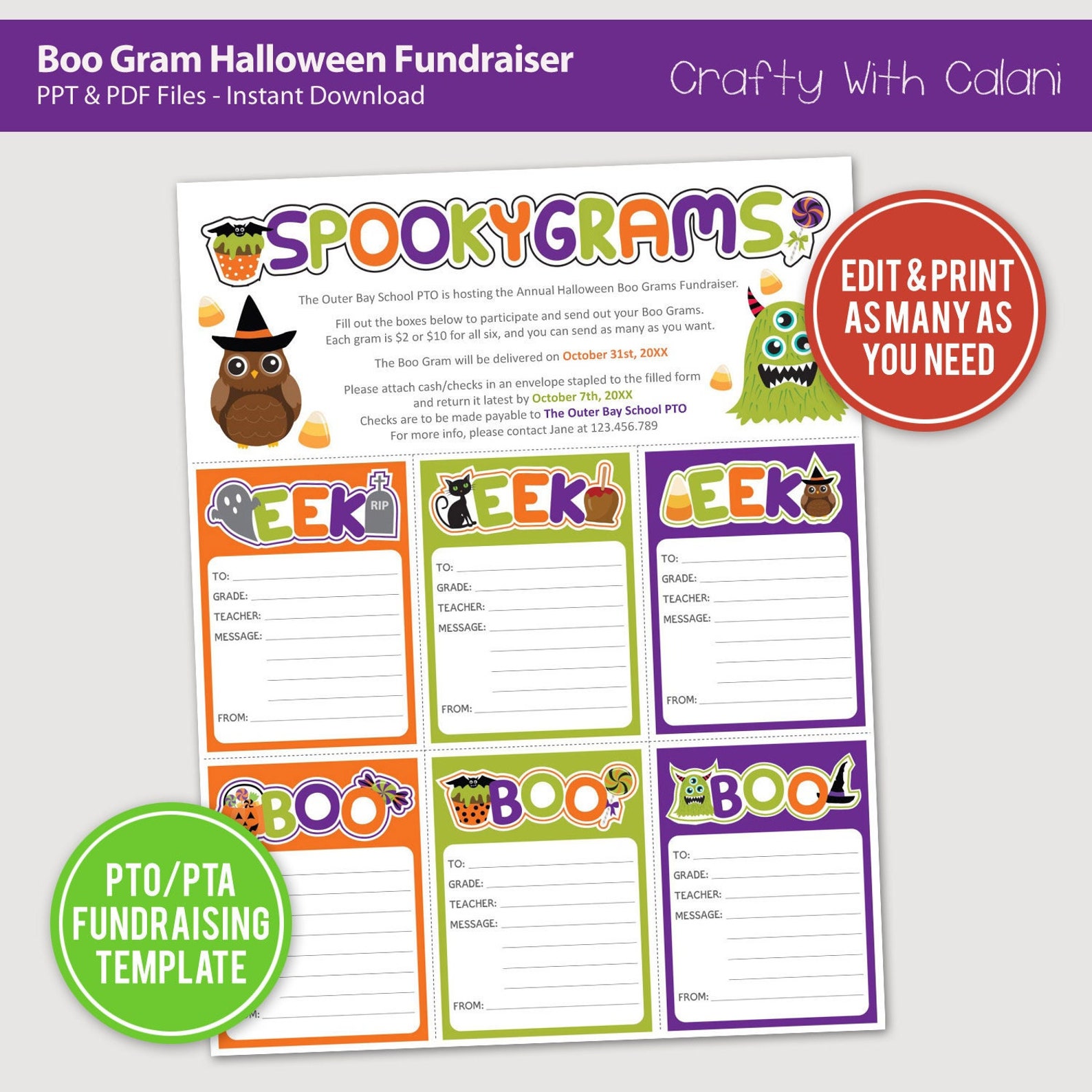 Halloween Candy Gram Template Halloween Boo Gram PTA PTO - Etsy