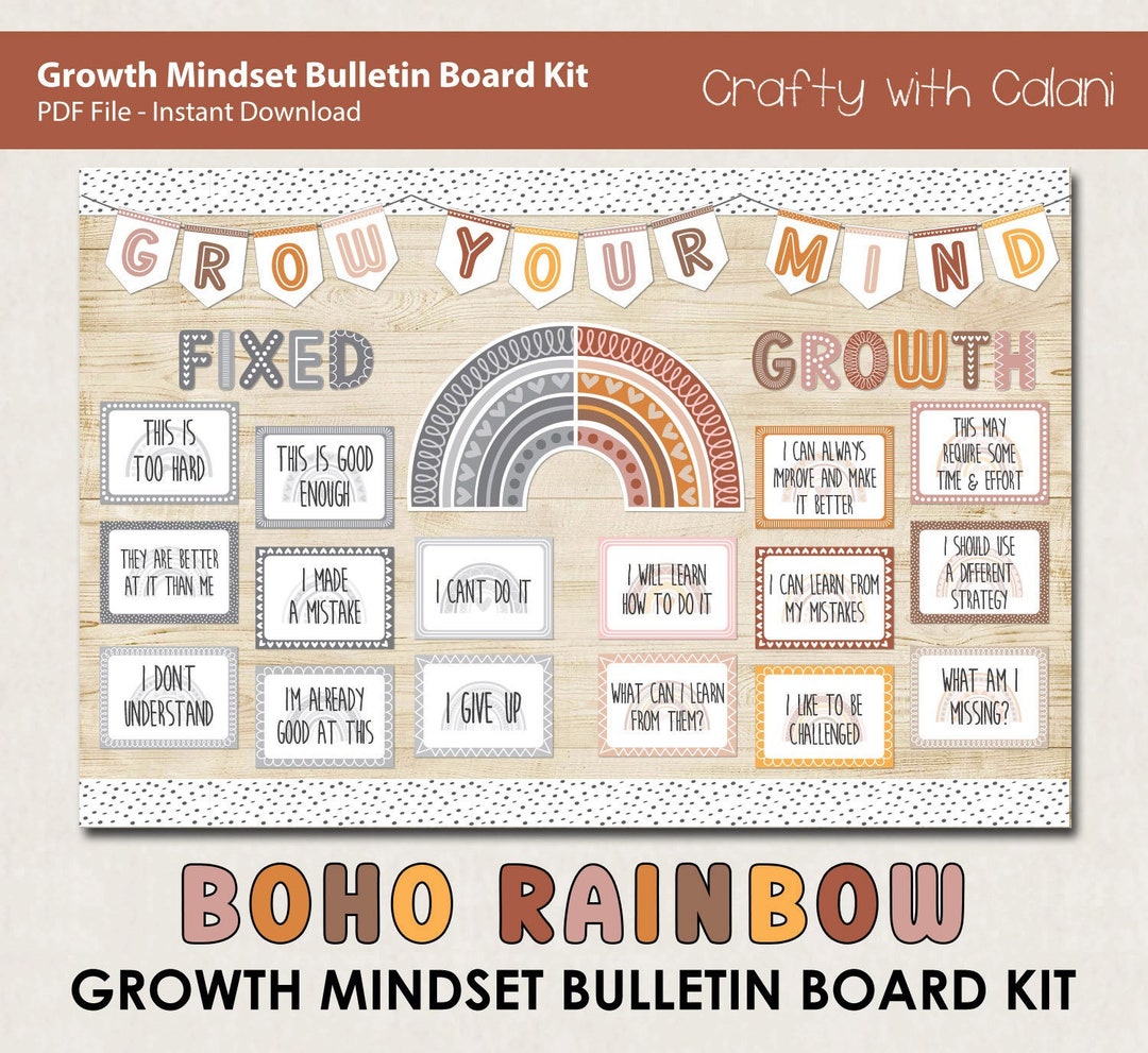 Growth Mindset Bulletin Board Kit, Boho Rainbow Classroom Display ...