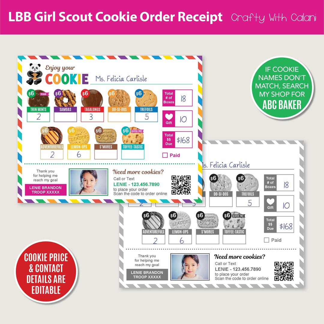 Girl Scout Cookie 2025 Receipt Template, LBB Cookie Order Recap, Scout ...