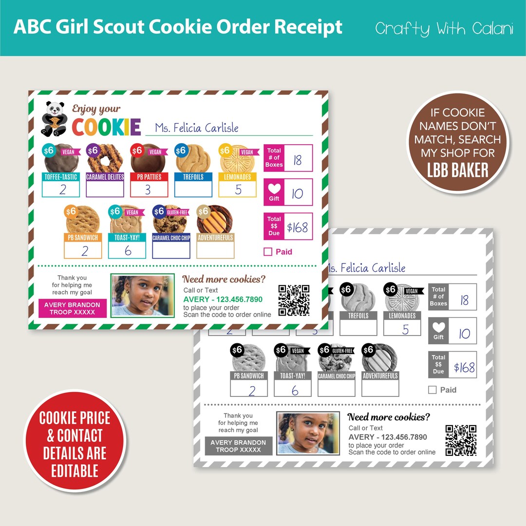 Girl Scout Cookie 2025 Receipt Template, ABC Cookie Order Recap, Scout ...