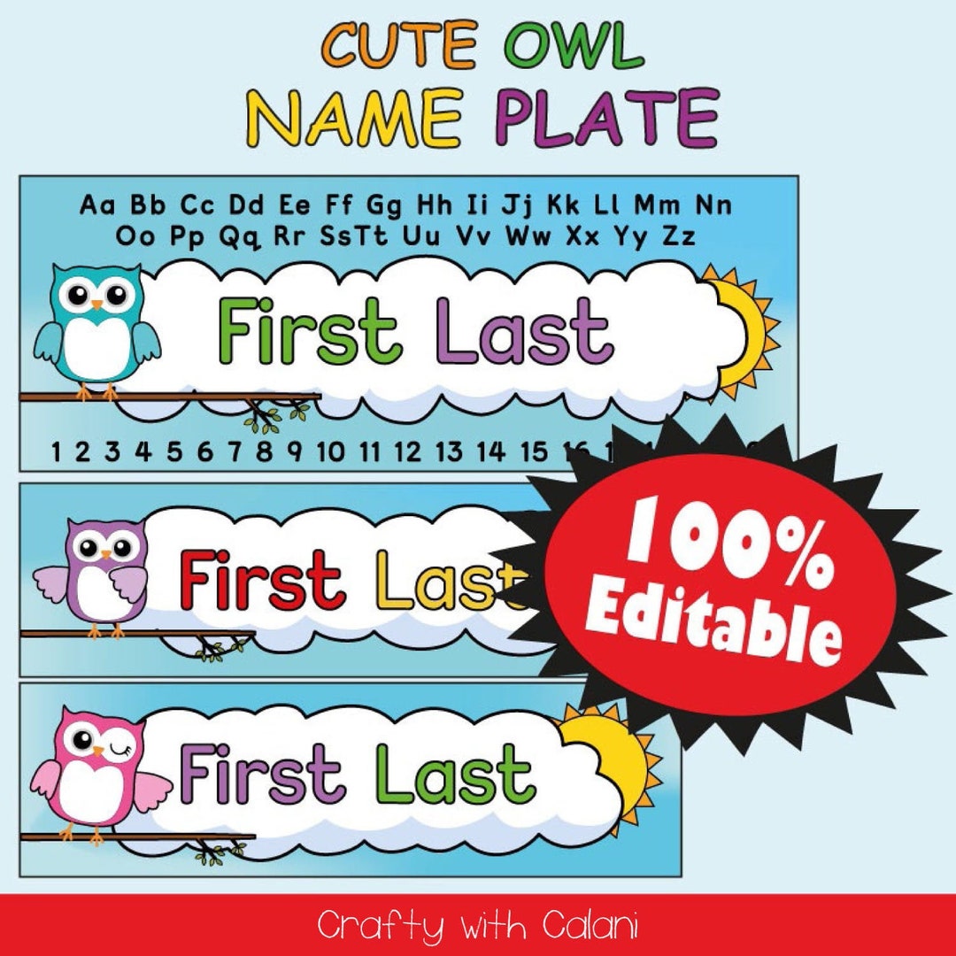Classroom Name Plate Label, Owl Classroom Theme, Owl Classroom Desk ...