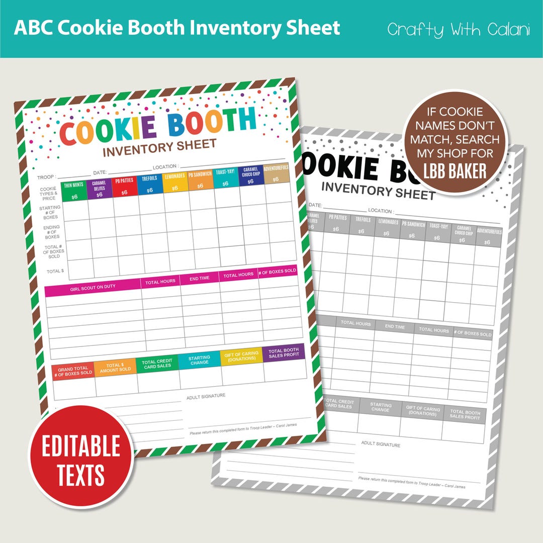 Girl Scout 2024 Cookie Booth Printable, ABC Cookie Booth Inventory List ...