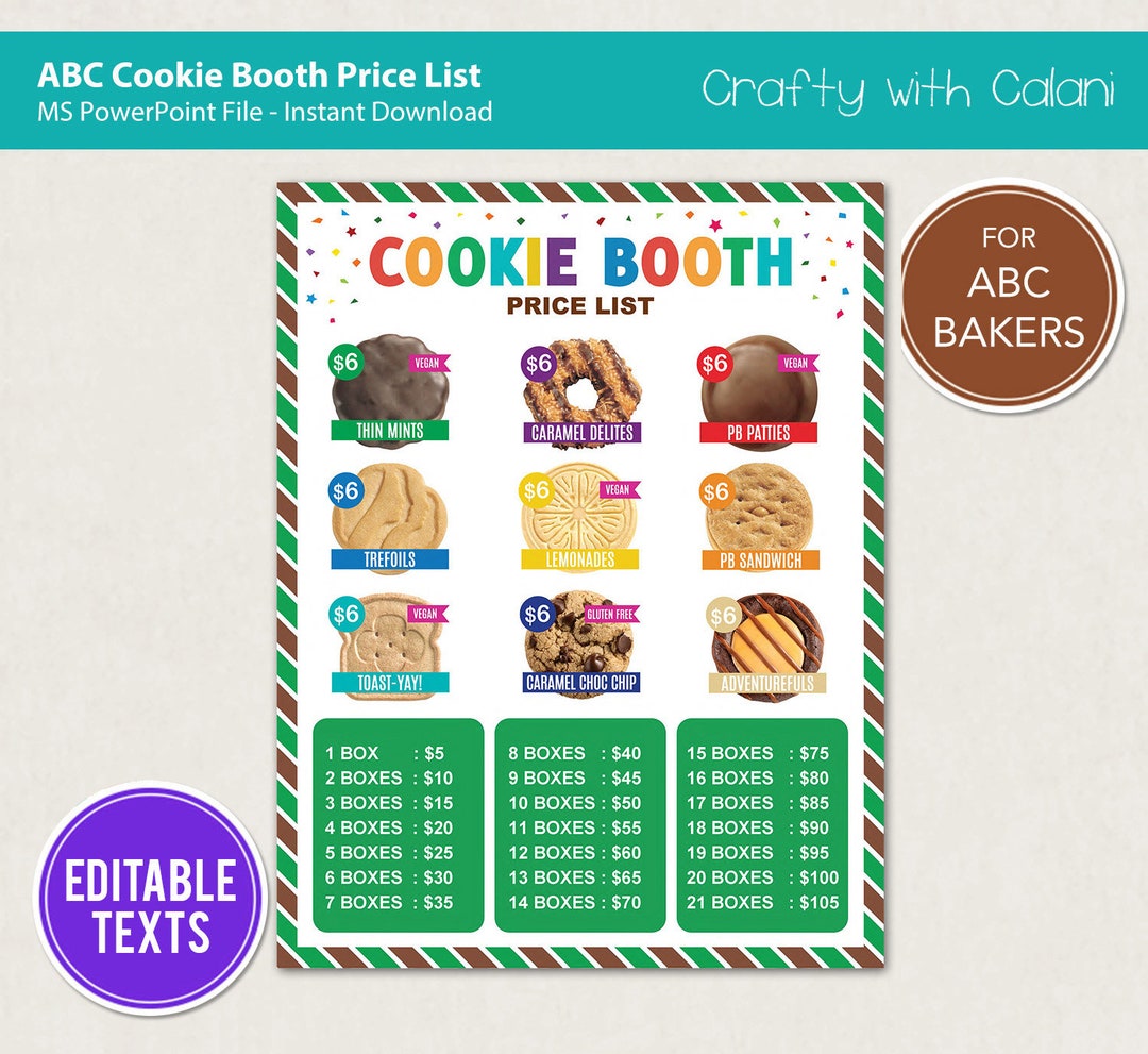 Girl Scout Cookie Booth Printable, 2024 ABC Cookie Booth Price List ...