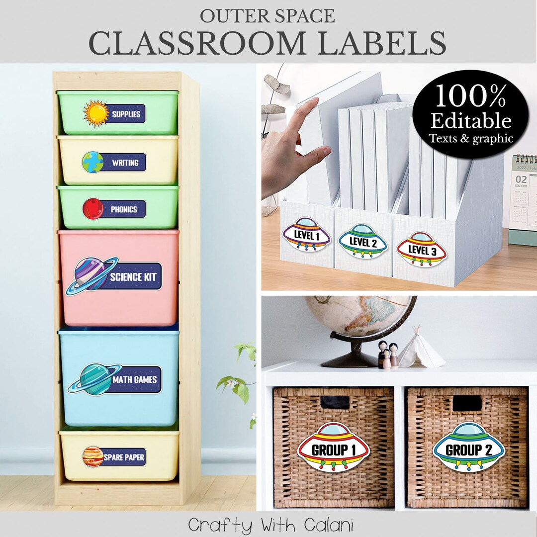 Classroom Supply Label, Space Classroom Theme, Space Classroom Label ...